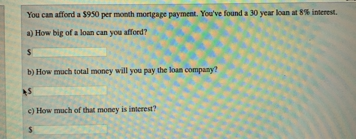 Solved You can afford a $950 per month mortgage payment. | Chegg.com