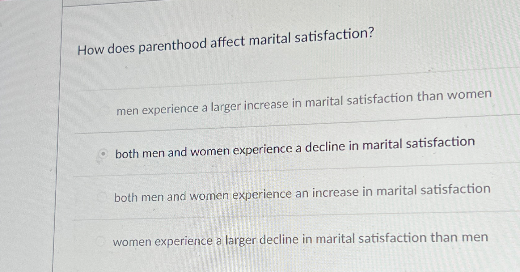 Solved How does parenthood affect marital satisfaction?men | Chegg.com