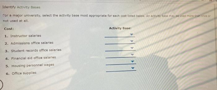 Solved Identify Activity Bases For a major university, | Chegg.com Solved Identify Activity Bases For a major university, | Chegg.com