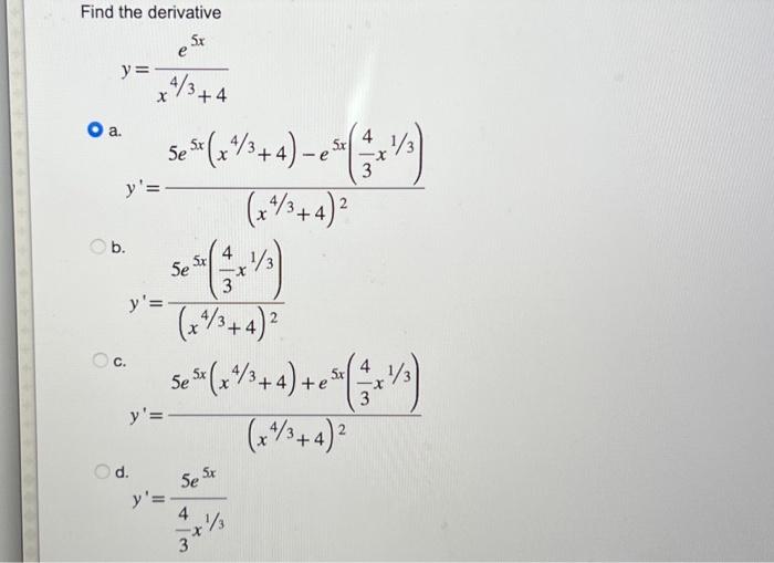 Solved Find the derivative y=(x−4+x−2+4)ln(x2+5) a. | Chegg.com
