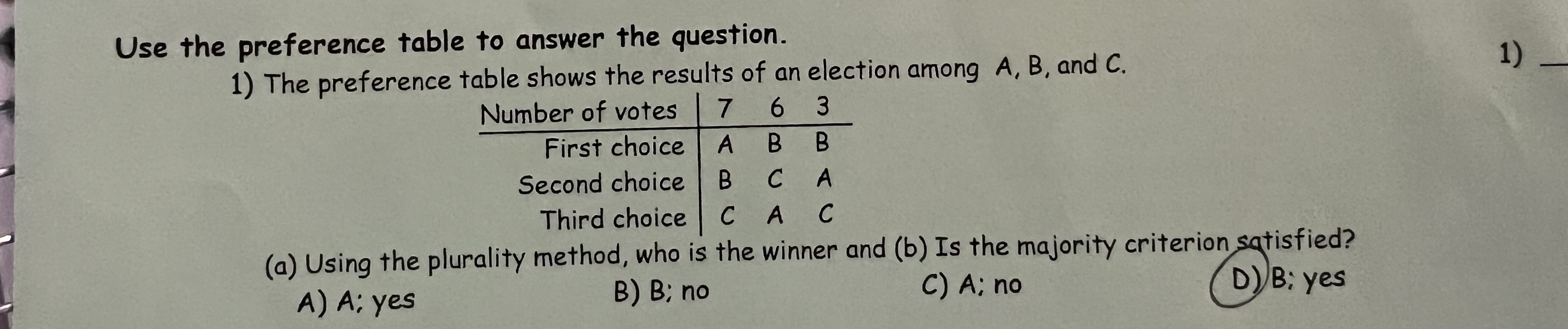 Solved Use the preference table to answer the question.The | Chegg.com