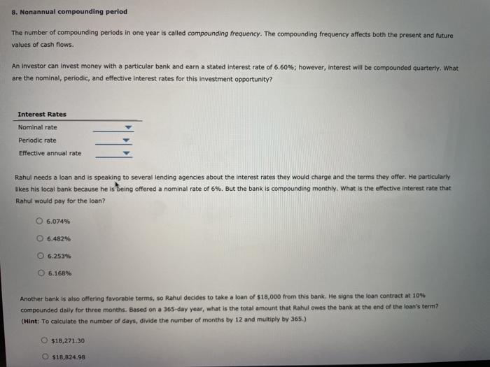 Solved 8. Nonannual compounding period The number of | Chegg.com