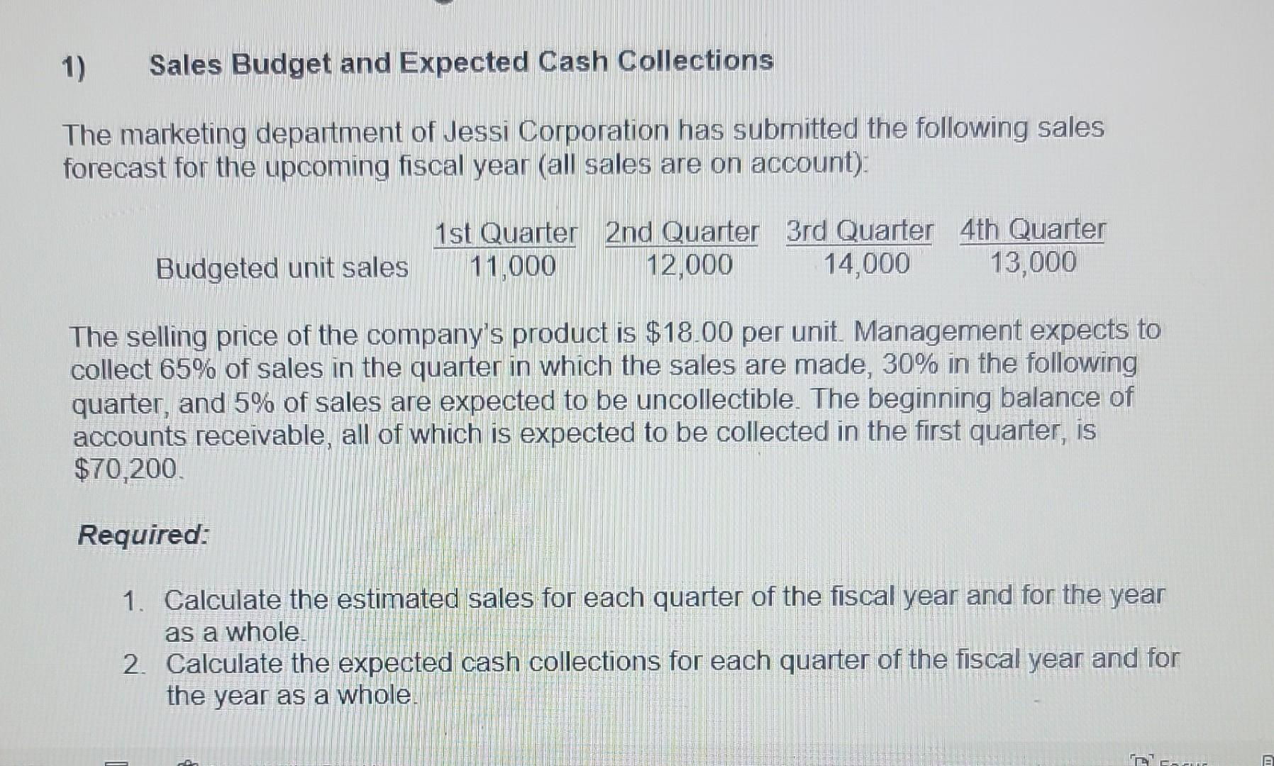 Solved 1) Sales Budget and Expected Cash Collections The | Chegg.com