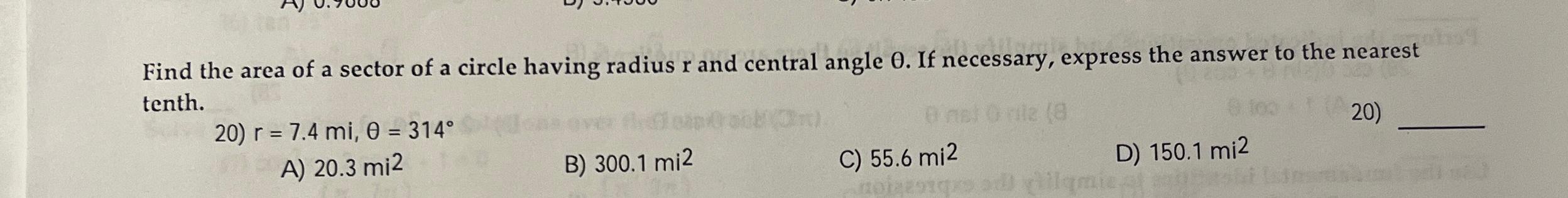 Solved Find the area of a sector of a circle having radius r | Chegg.com