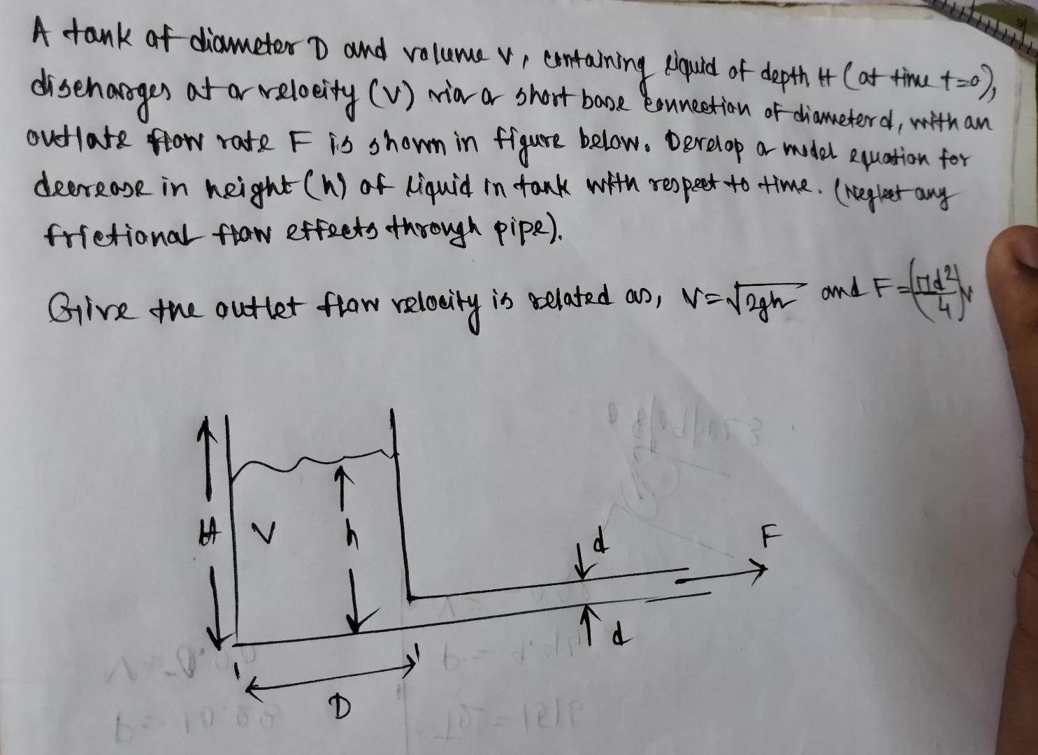 Solved A tank of diameter D and valume V, cintaining eiquid | Chegg.com