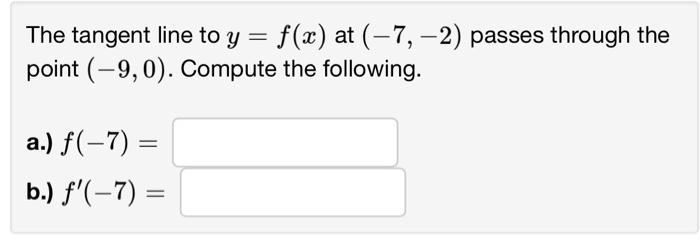 Solved The tangent line to y=f(x) at (−7,−2) passes through | Chegg.com