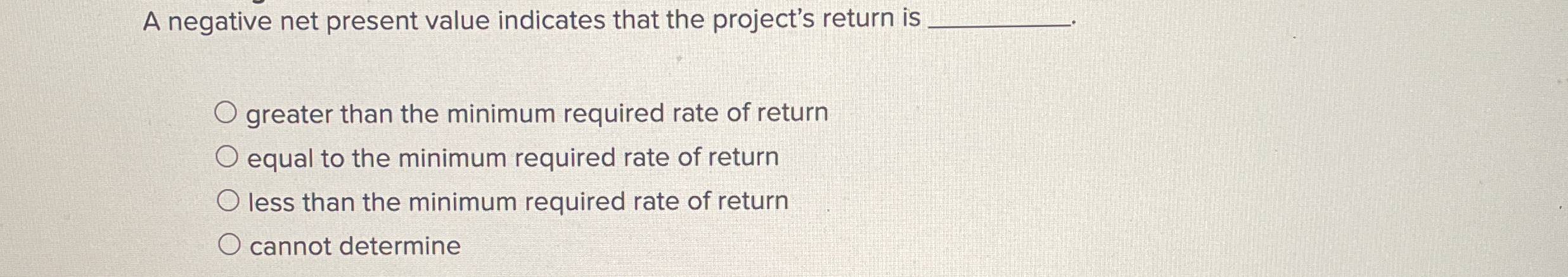 Solved A negative net present value indicates that the | Chegg.com