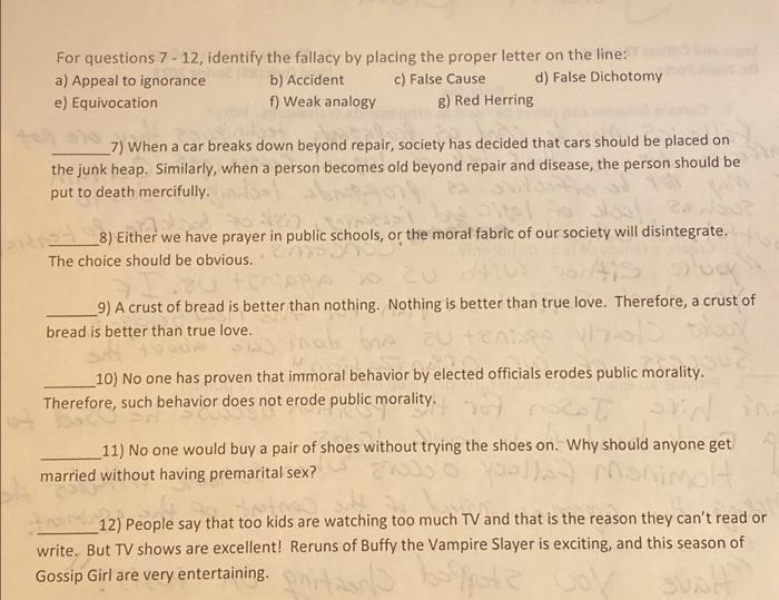 For questions 7-12, identify the fallacy by placing | Chegg.com