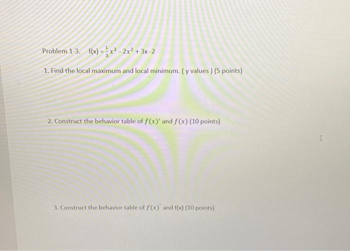 Solved Problem 1-3. f(x)=31x3−2x2+3x−2 1. Find the local | Chegg.com
