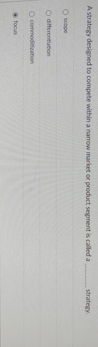 Solved A strategy designed to compete within a narrow market | Chegg.com