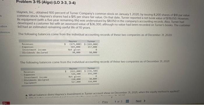 Haynes, Inc. obtained 100 percent of Turner Company's | Chegg.com