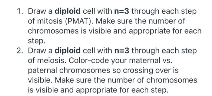 Solved 1. Draw a diploid cell with n=3 through each step of | Chegg.com
