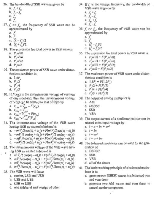 Solved cl d. a. 26. The bandwidth of SSB wave is given by | Chegg.com