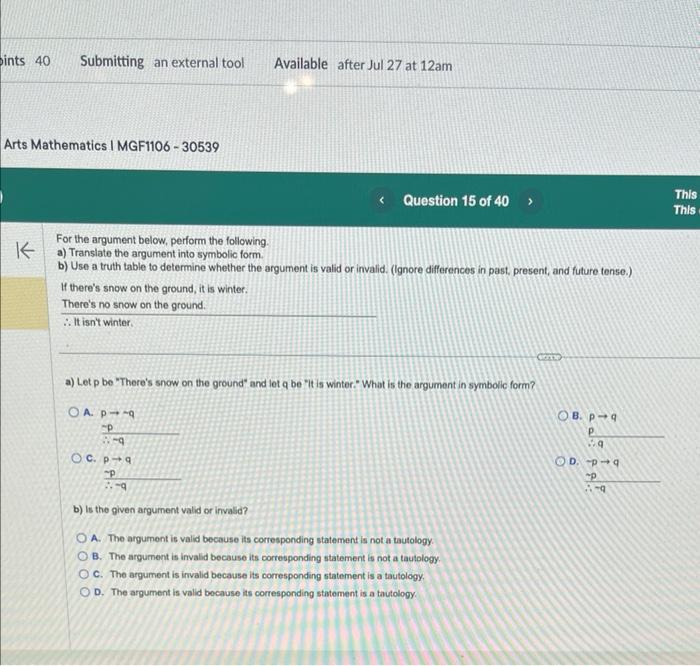 Solved Arts Mathematics I MGF1106 - 30539 \& Question 15 of | Chegg.com