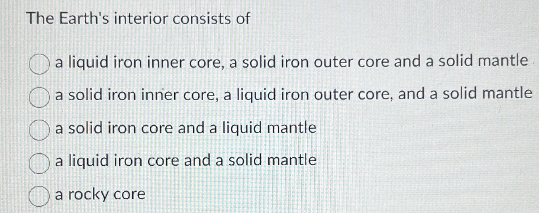 Solved The Earth's interior consists of ﻿a liquid iron | Chegg.com