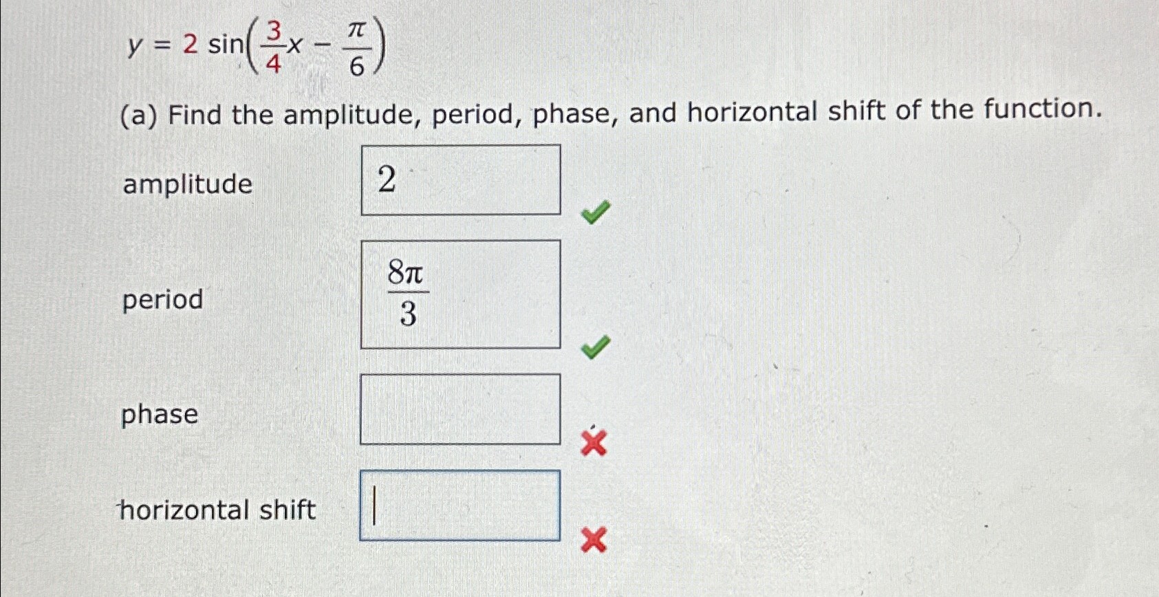 Solved y=2sin(34x-π6)(a) ﻿Find the amplitude, period, phase, | Chegg.com