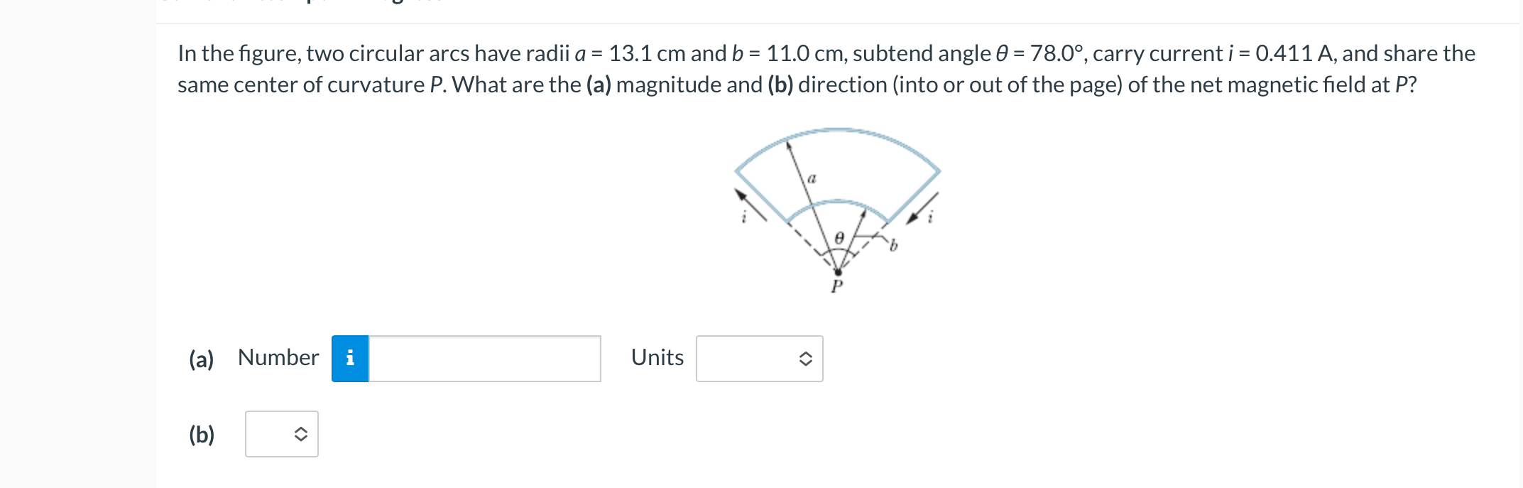 Solved In the figure, two circular arcs have radii a=13.1cm | Chegg.com