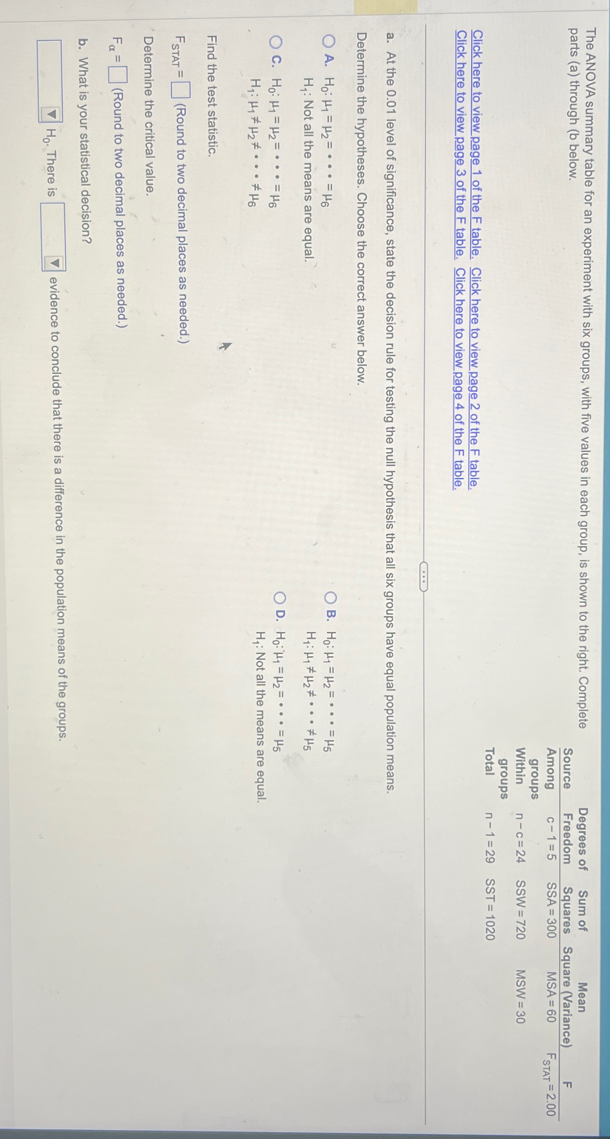 Solved The ANOVA summary table for an experiment with six | Chegg.com
