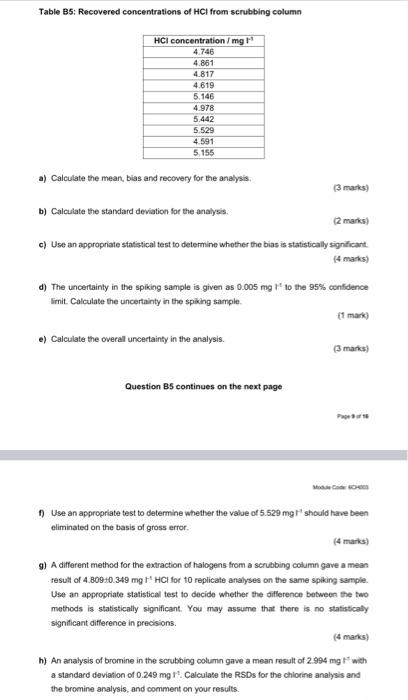 Solved Table B5: Recovered concentrations of HCl from | Chegg.com