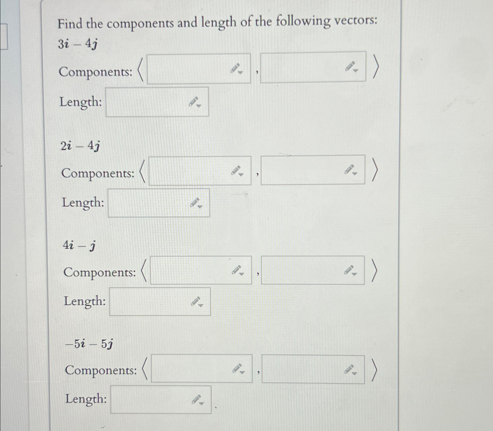 Solved Find the components and length of the following | Chegg.com