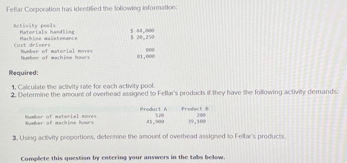Solved Fellar Corporation has identified the following | Chegg.com