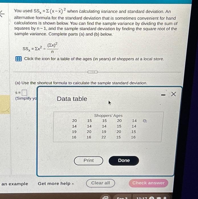 You used SSx=Σ(x−x)2 when calculating variance and | Chegg.com