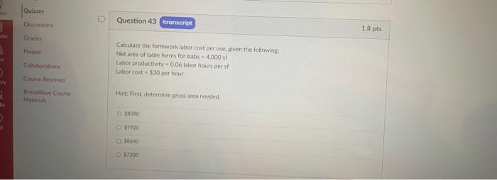 Solved Calculate the formwork labor cost per use, given the | Chegg.com