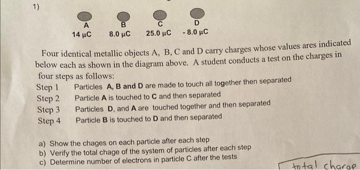 Solved Four identical metallic objects A, B, C and D carry | Chegg.com