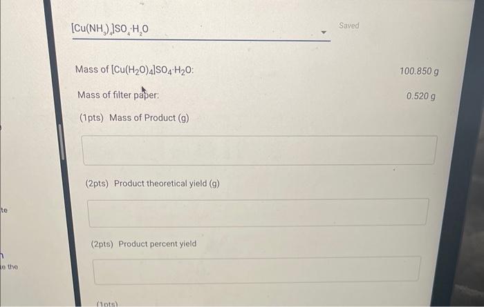 Solved Mass of [Cu(H2O)4]SO4⋅H2O : Mass of filter paper: | Chegg.com