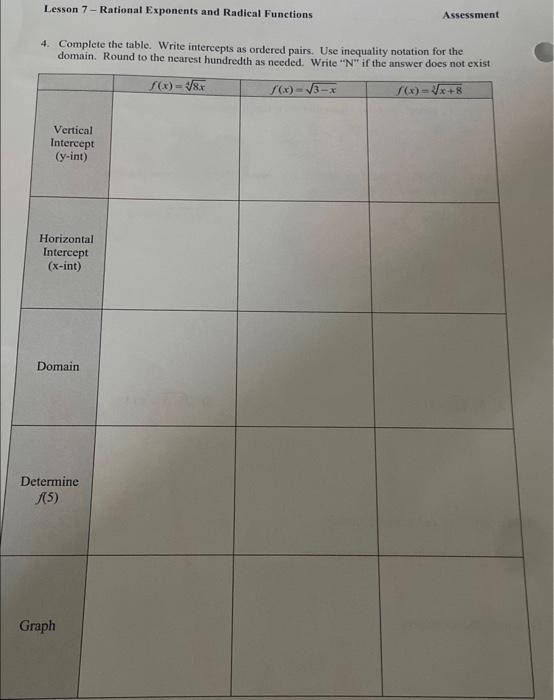 Solved Lesson 7 - Rational Exponents and Radical Functions | Chegg.com