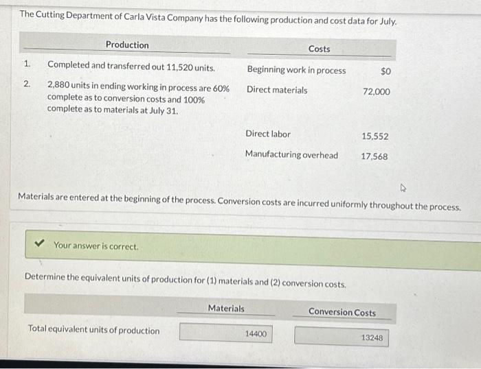 Solved The Cutting Department of Carla Vista Company has the | Chegg.com