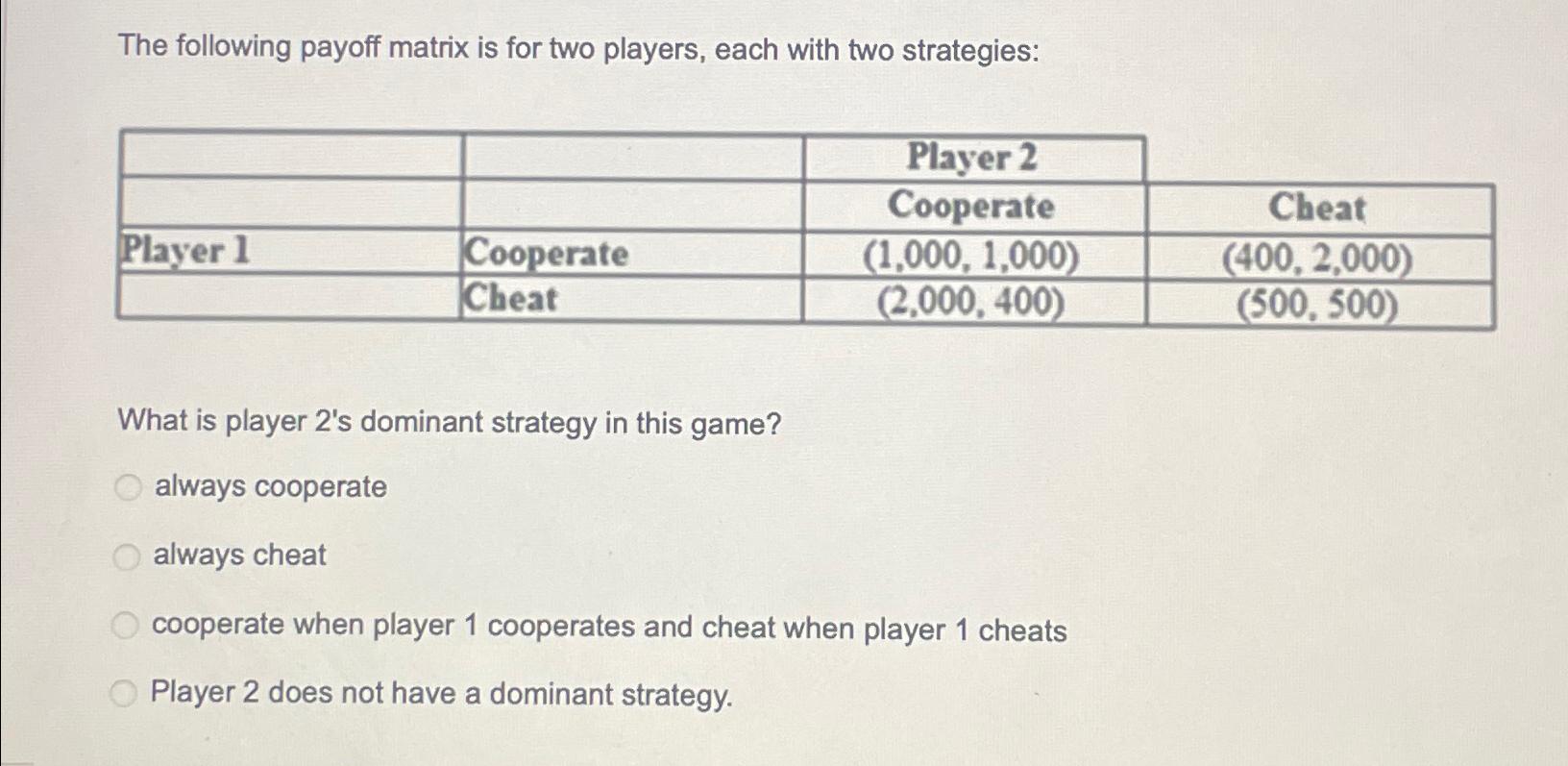 Solved The following payoff matrix is for two players, each | Chegg.com