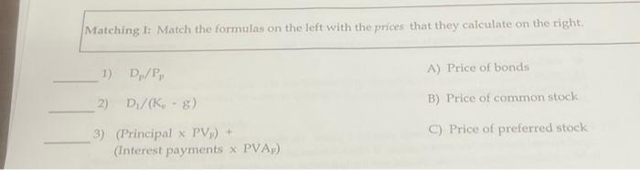 Solved Matching I: Match the formulas on the left with the | Chegg.com