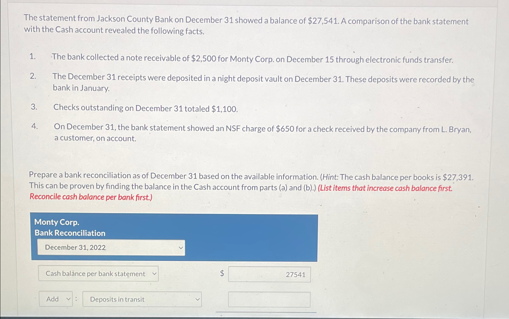 The statement from Jackson County Bank on December 31 | Chegg.com