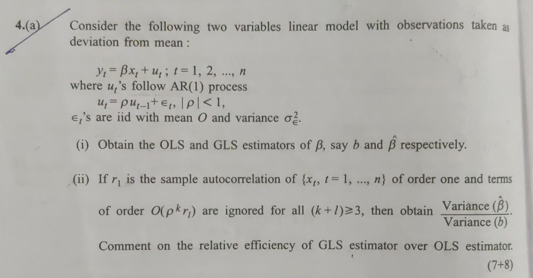 Consider the following two variables linear model | Chegg.com