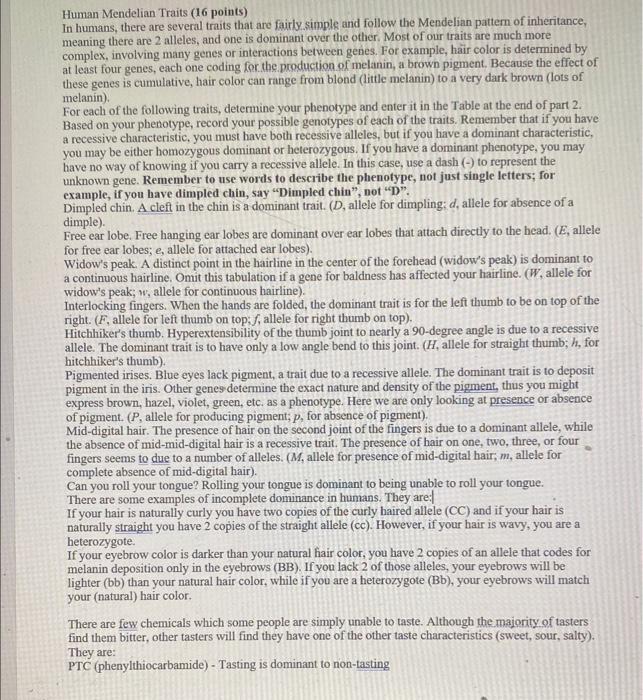 Solved Human Mendelian Traits (16 points) In humans, there | Chegg.com