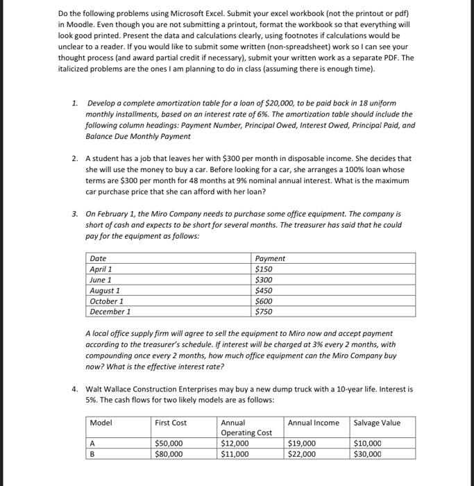Solved Do the following problems using Microsoft Excel. | Chegg.com