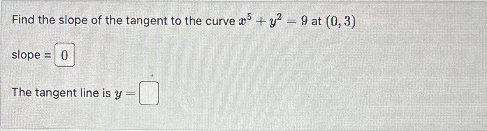 Solved Find the slope of the tangent to the curve x5+y2=9 | Chegg.com