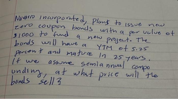 Solved Navarro incorporated, Plans to issue new zero coupon | Chegg.com