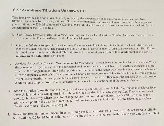 6-9: Acid-Base Titration: Unknown HCI Titrations | Chegg.com