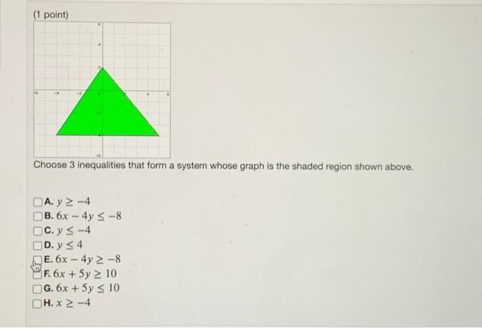 Solved (1 point) +6 OA. y ≥-4 Choose 3 inequalities that | Chegg.com