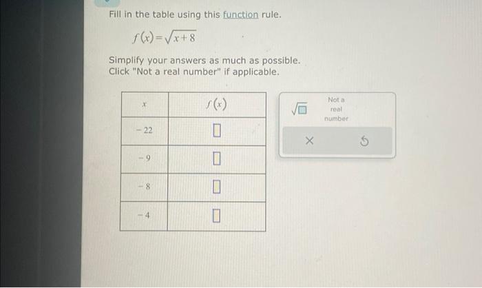 Solved Fill in the table using this function rule. f(x)=x+8 | Chegg.com