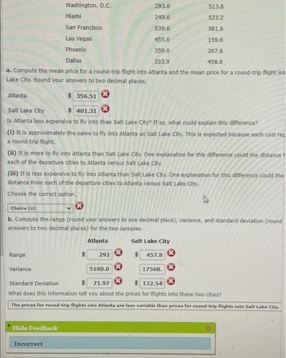 Solved The following table displays round-trip flight prices | Chegg.com