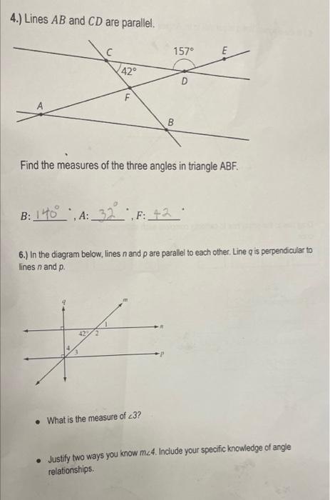 Solved 4.) Lines AB and CD are parallel. Find the measures | Chegg.com