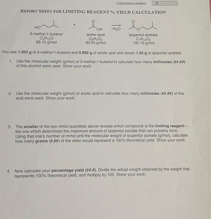 Solved REPORT SHEET FOR LIMITING REAGENT \% YIELD | Chegg.com