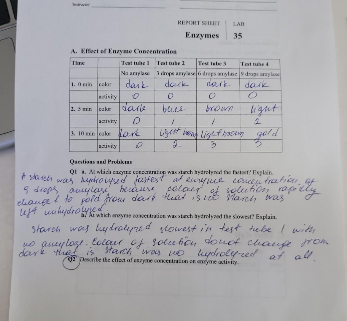 Solved Instructor REPORT SHEET LAB Enzymes 35 Test tube 1 | Chegg.com
