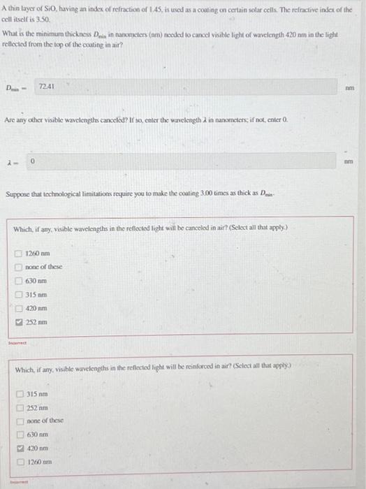 Solved A thin layer of S1O, having an index of refraction of | Chegg.com