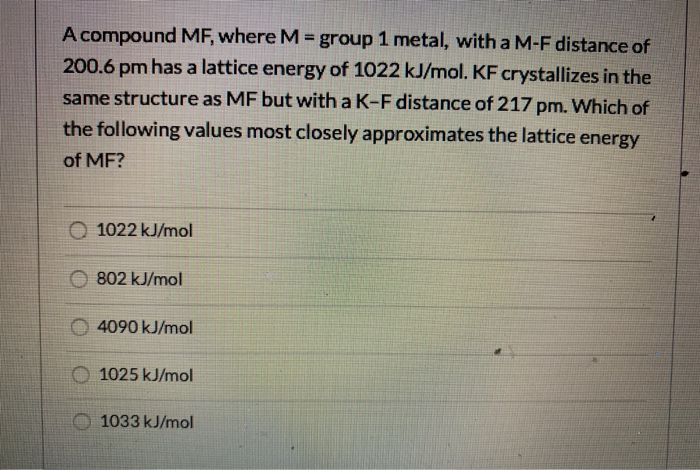Solved A compound MF, where M = group 1 metal, with a M-F | Chegg.com