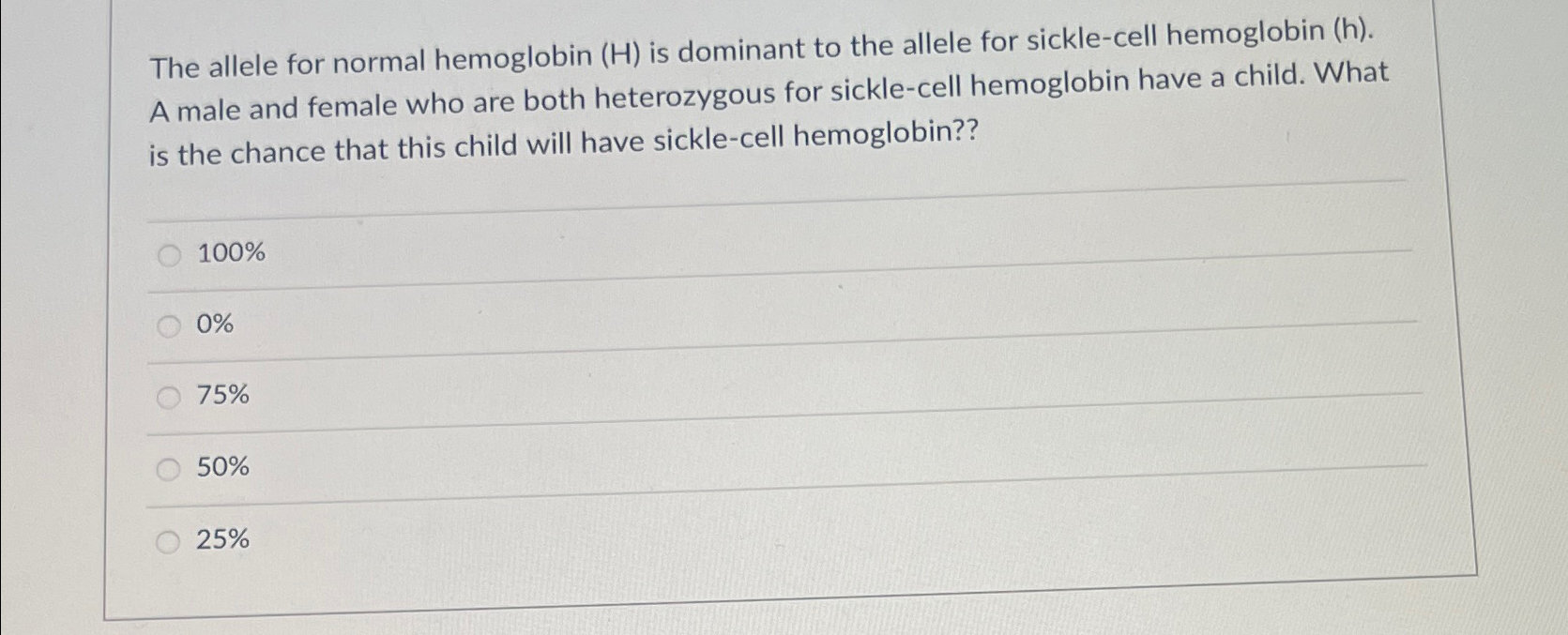 Solved The allele for normal hemoglobin (H) ﻿is dominant to | Chegg.com
