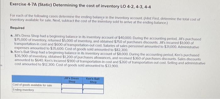 Solved Exercise 4-7A (Static) Determining the cost of | Chegg.com